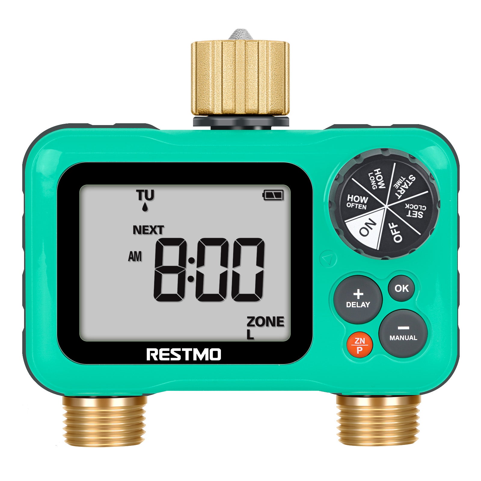 RESTMO Sprinkler Timer with Brass Inlet & Outlet, 2 Zone Programmable